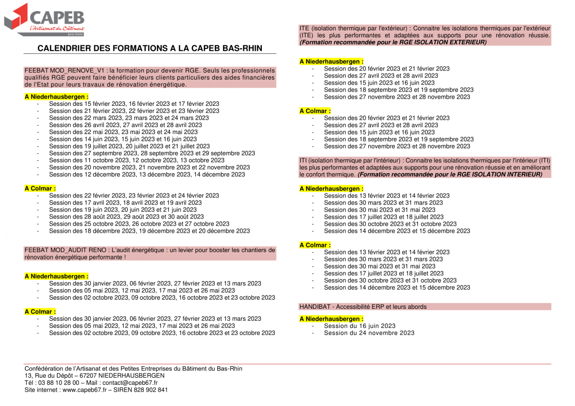 CALENDRIER DES FORMATIONS A LA CAPEB 67 ・ CAPEB